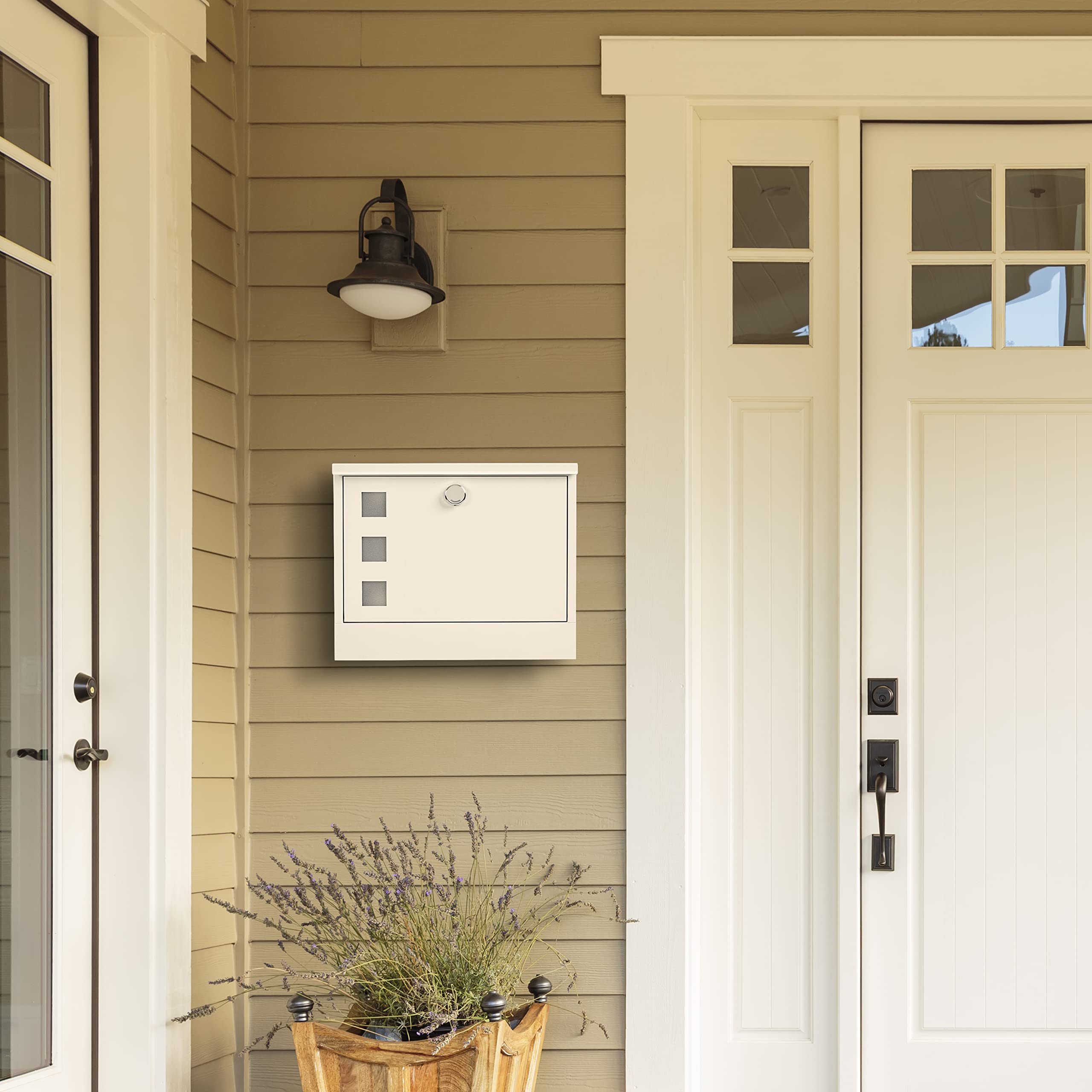LAND·VOI Locking Mailbox Wall Mounted, Metal Postbox with Three Sets of Mail Box Number Stickers, 4 Keys, 14.4" x 4.5" x 11.2", Large Capacity, Textured White, AMB11W