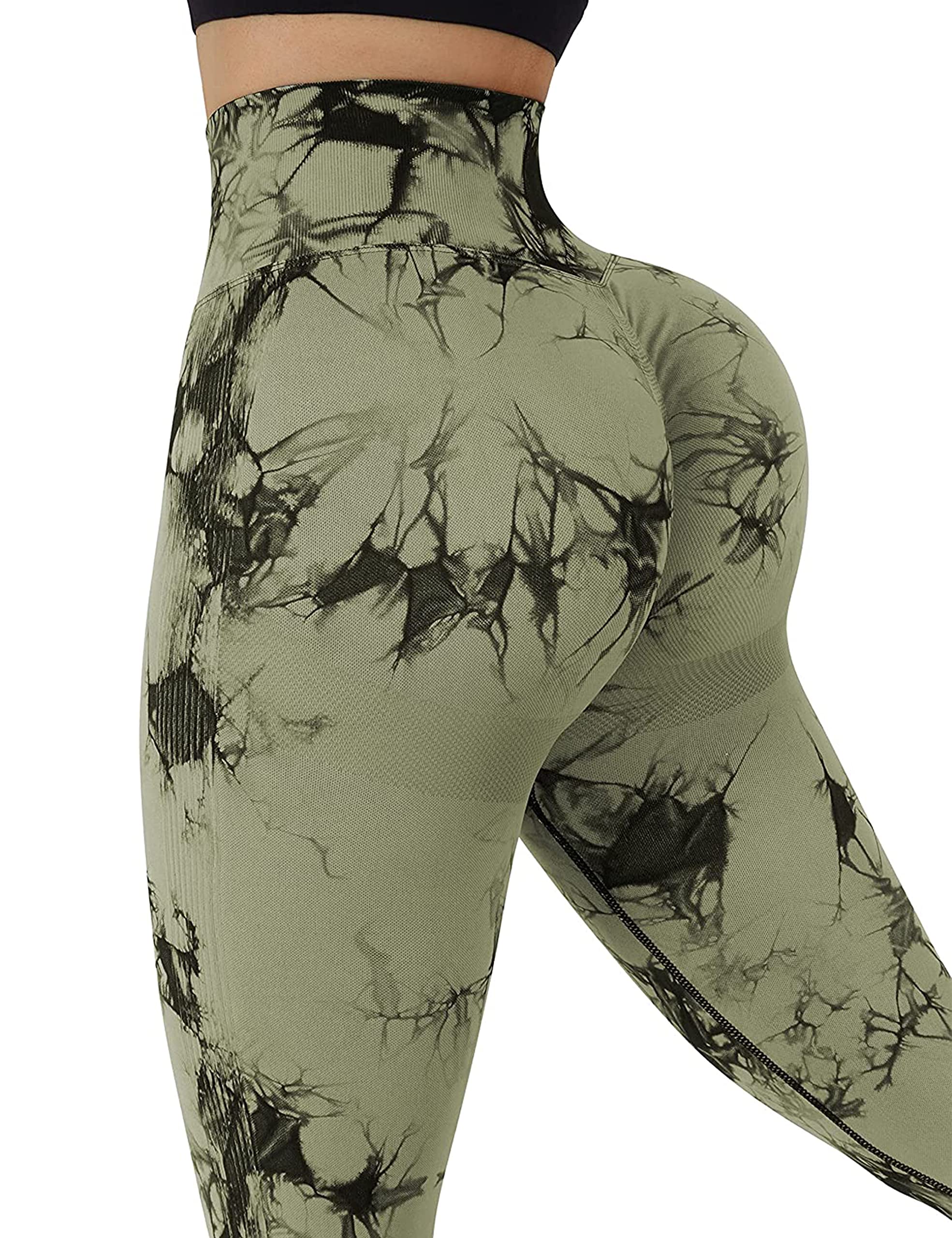RXRXCOCO Women Scrunch Butt Lifting Leggings Seamless High Waisted Leggings Tummy Control Yoga Pants Compression Workout Tights Medium Tie Dye Green