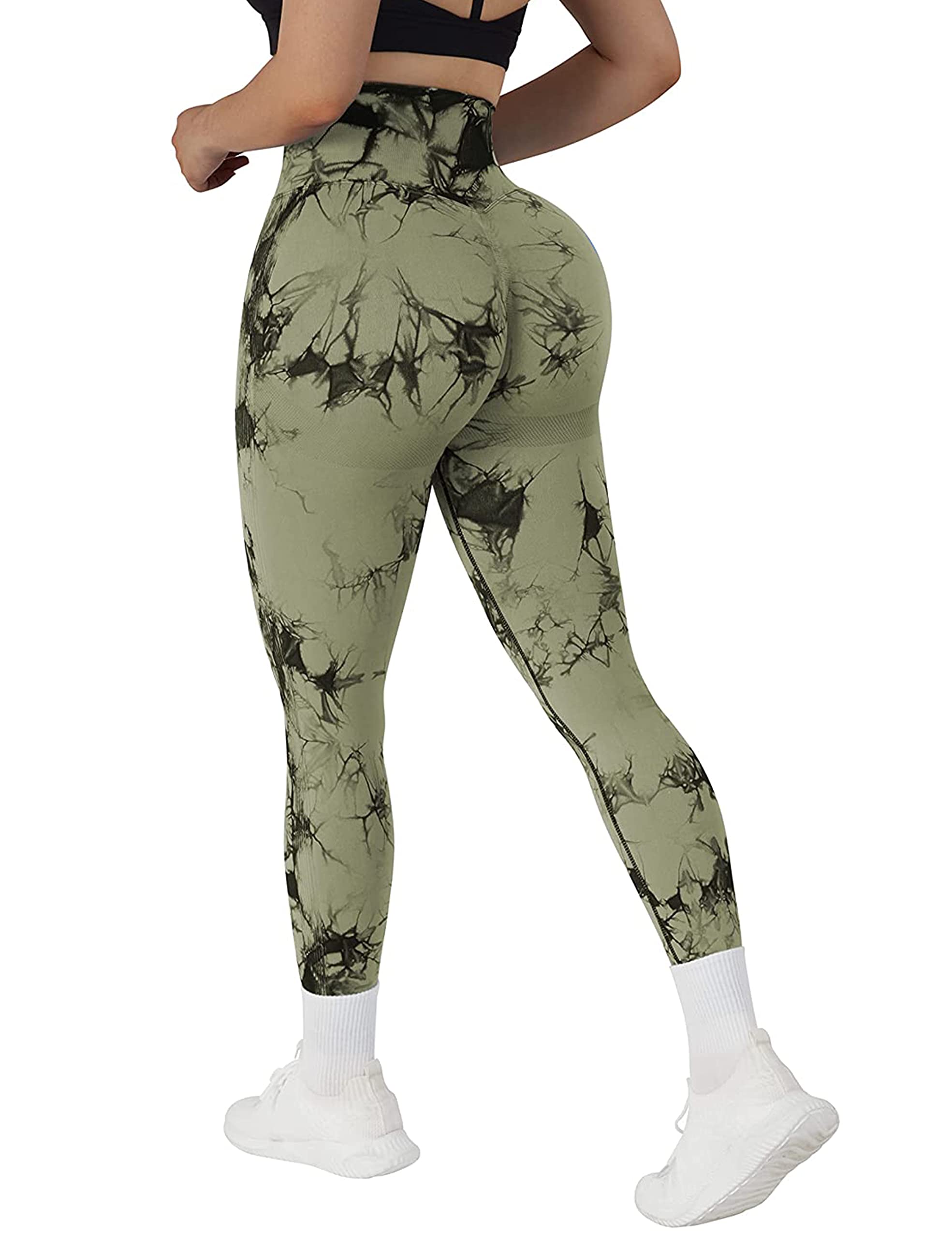 RXRXCOCO Women Scrunch Butt Lifting Leggings Seamless High Waisted Leggings Tummy Control Yoga Pants Compression Workout Tights Medium Tie Dye Green
