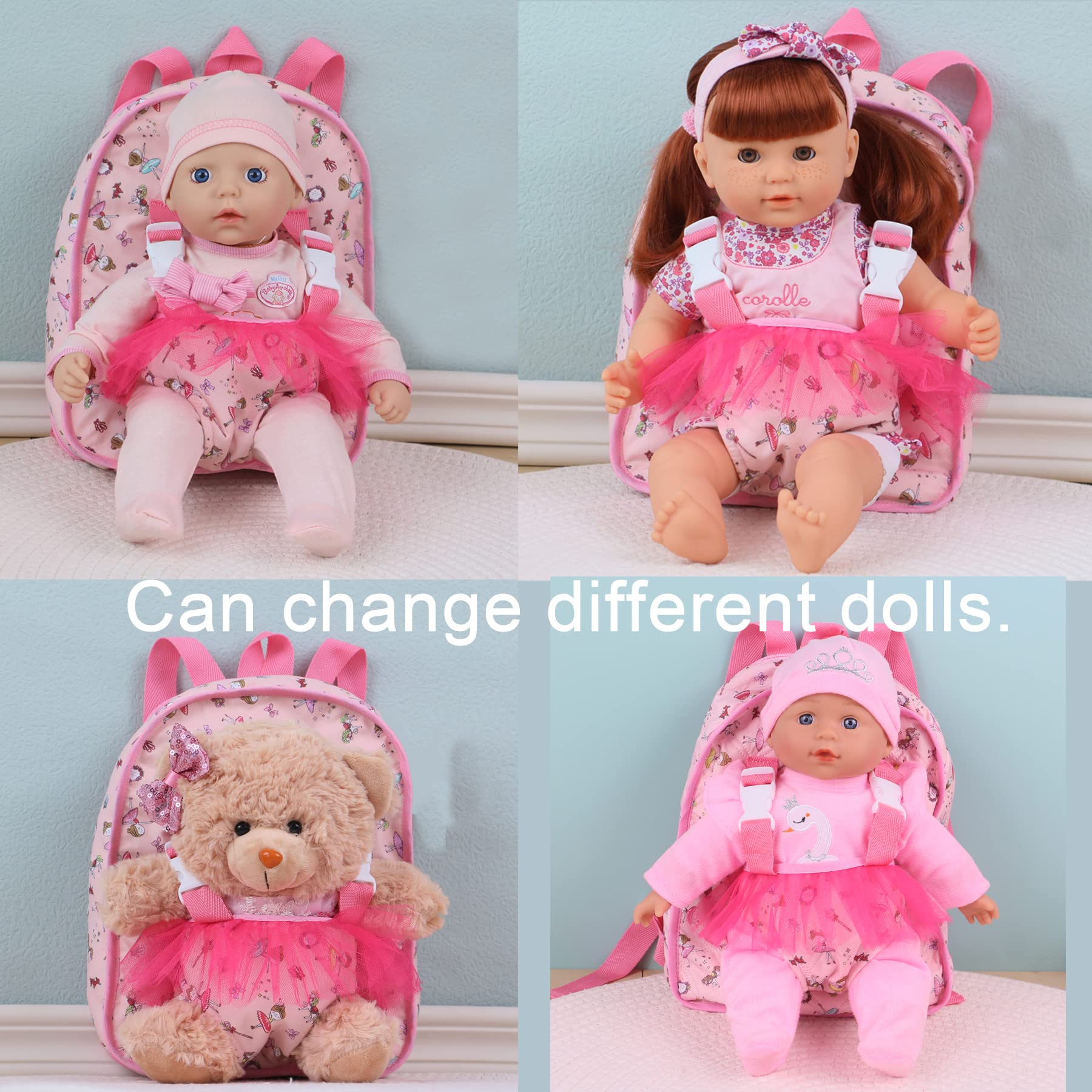 haveahug 13" Soft Baby Doll with Take Along Pink Doll Backpack Carrier, 6 Piece Play Set with Bottle & Accessories(Pink)