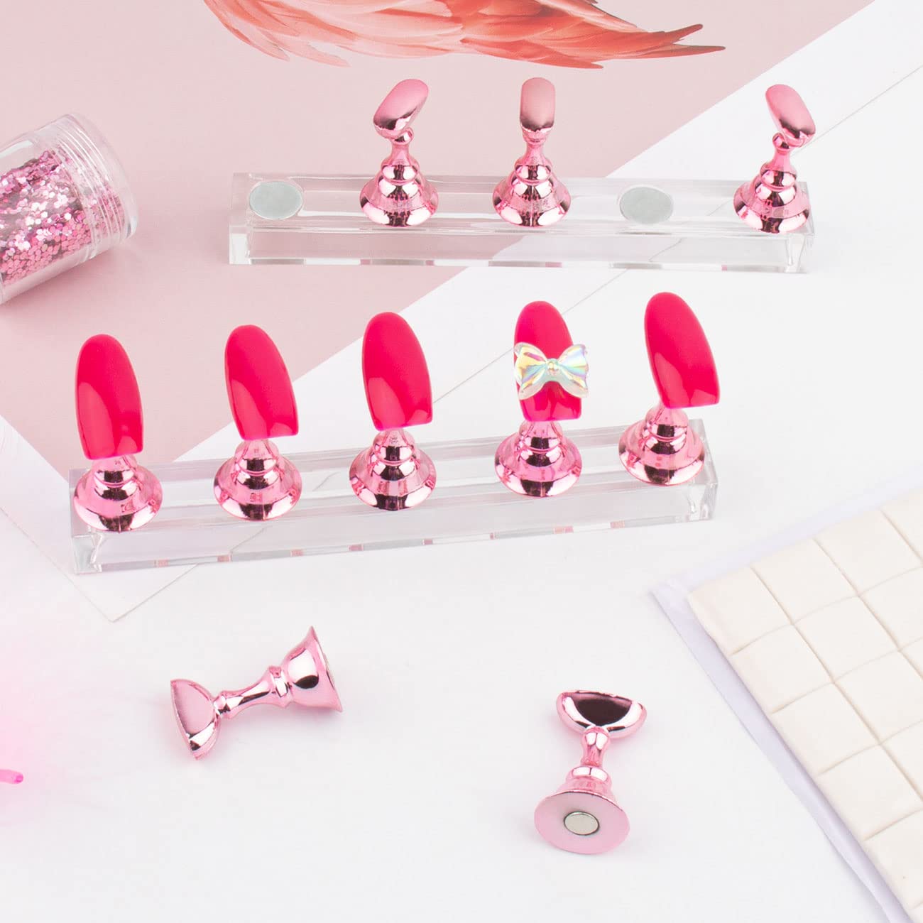 Difenni Nail Stands Acrylic Nail Art,Press on Nail Stand Magnetic Nail Tips Practice Holder 54 Pcs Reusable Adhesive Putty for DIY Painting(Pink