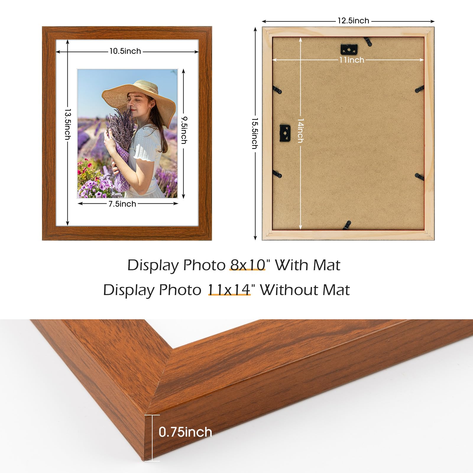 Golden State Art, 11x14 Picture Frame Brown - Solid Wood with Tempered Glass - Display Pictures 8x10 with Mat or 11x14 without Mat - Wall Hanging Photo Frame, 1 Pack