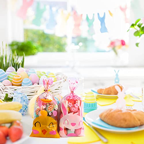 LOKIPA Easter Celllophane Treat Bags, 120 Pieces Clear Easter Candy Bags with 150 Twist Ties for Easter Supplies