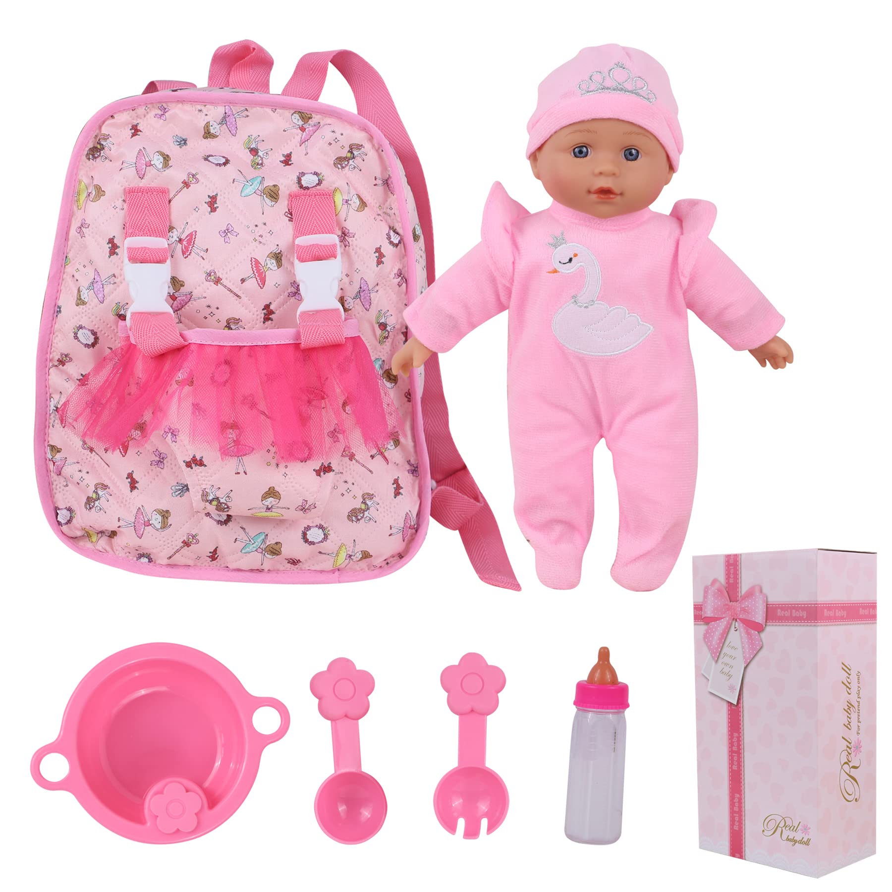 haveahug 13" Soft Baby Doll with Take Along Pink Doll Backpack Carrier, 6 Piece Play Set with Bottle & Accessories(Pink)