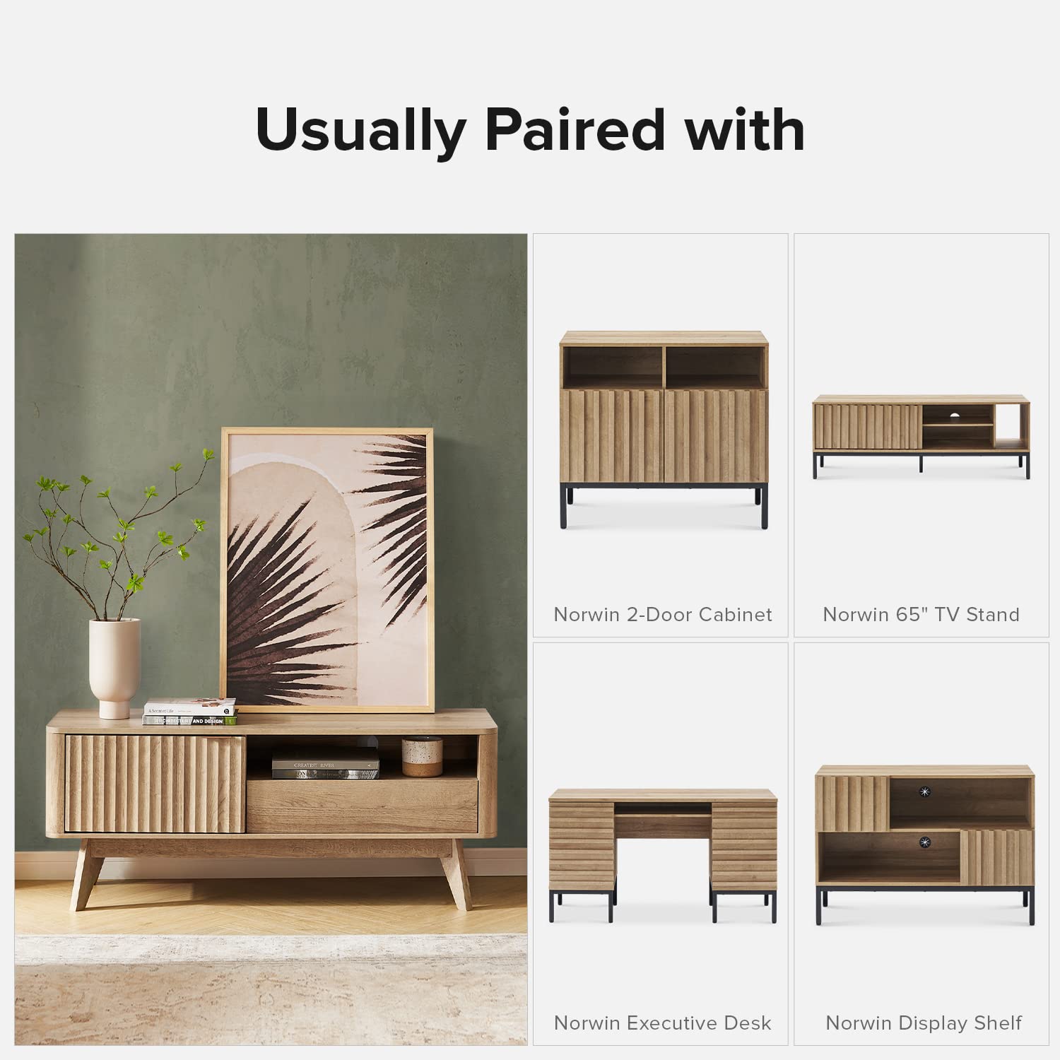 mopio Brooklyn Mid-Century Modern TV Stand, for TVs up to 50” / 59" Waveform Panel, Sleek Curved Profile with Adjustable Shelf and Sturdy Box Frame Leg (Golden Oak, 47")