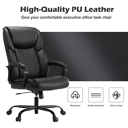 Executive Office Chair - Ergonomic Home Computer Desk Chair for Heavy People with Wheel, Lumbar Support, PU Leather, Adjustable Height & Swivel