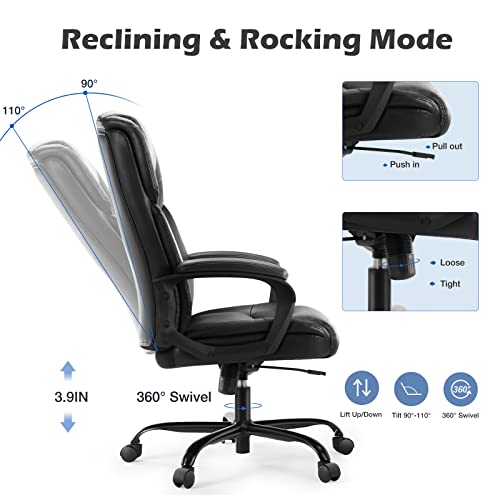 Executive Office Chair - Ergonomic Home Computer Desk Chair for Heavy People with Wheel, Lumbar Support, PU Leather, Adjustable Height & Swivel