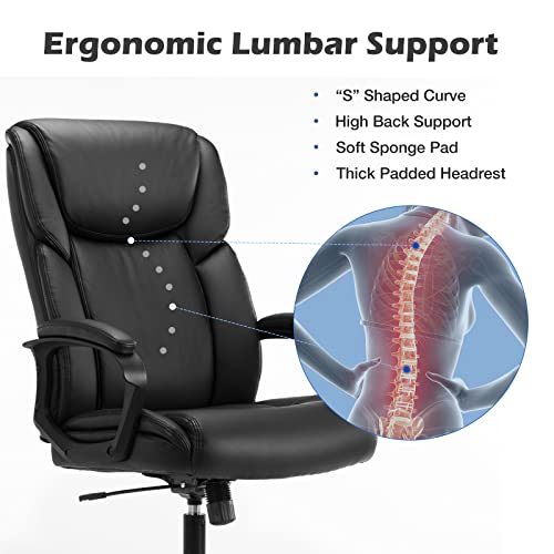 Executive Office Chair - Ergonomic Home Computer Desk Chair for Heavy People with Wheel, Lumbar Support, PU Leather, Adjustable Height & Swivel