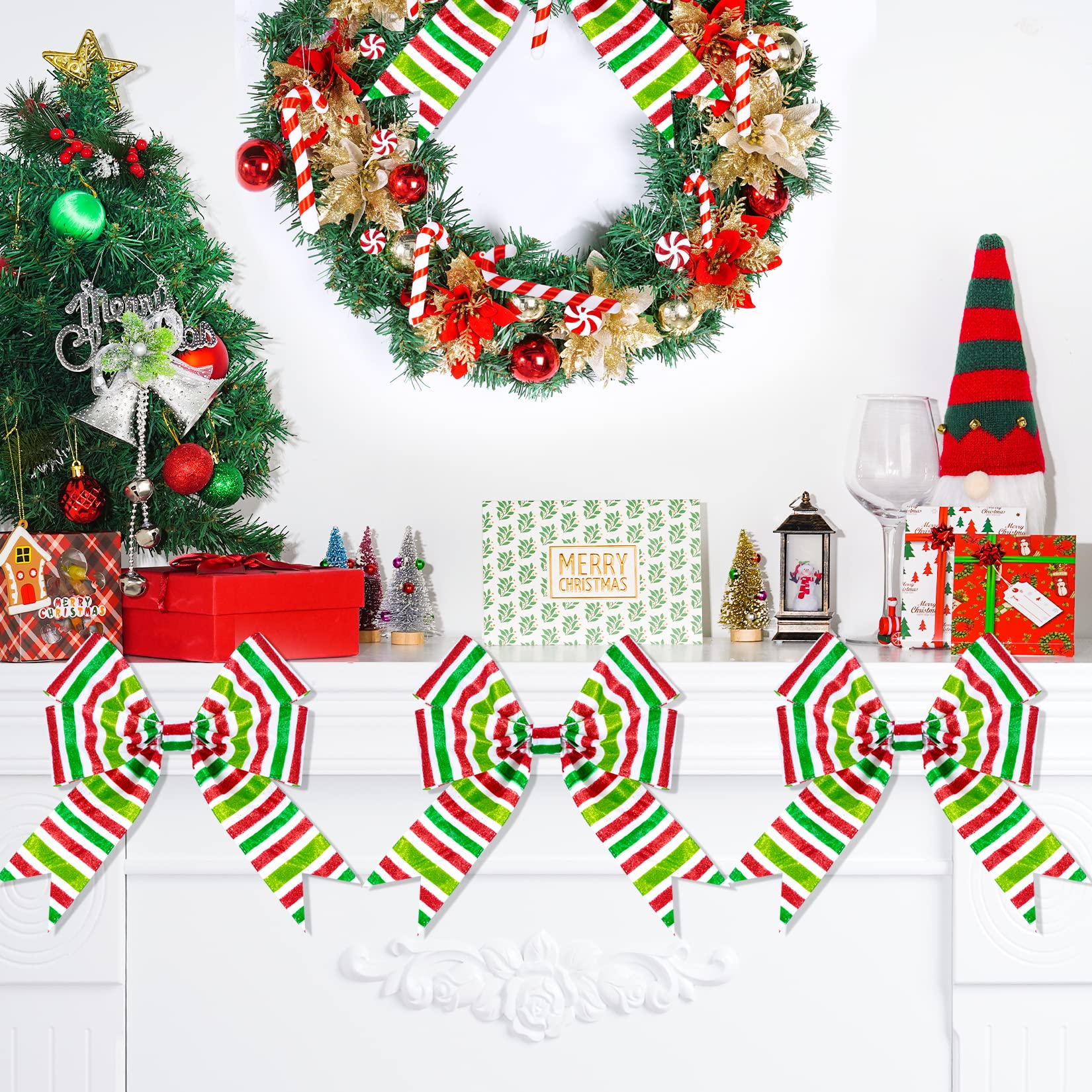 obmwang 2 Rolls Christmas Glitter Stripes Wired Edge Ribbon Red White Green Stripes Ribbons Wired Christmas Holiday Ribbon for DIY Craft Bows Xmas Tree Decoration, 2.52" x 6.56 Yards