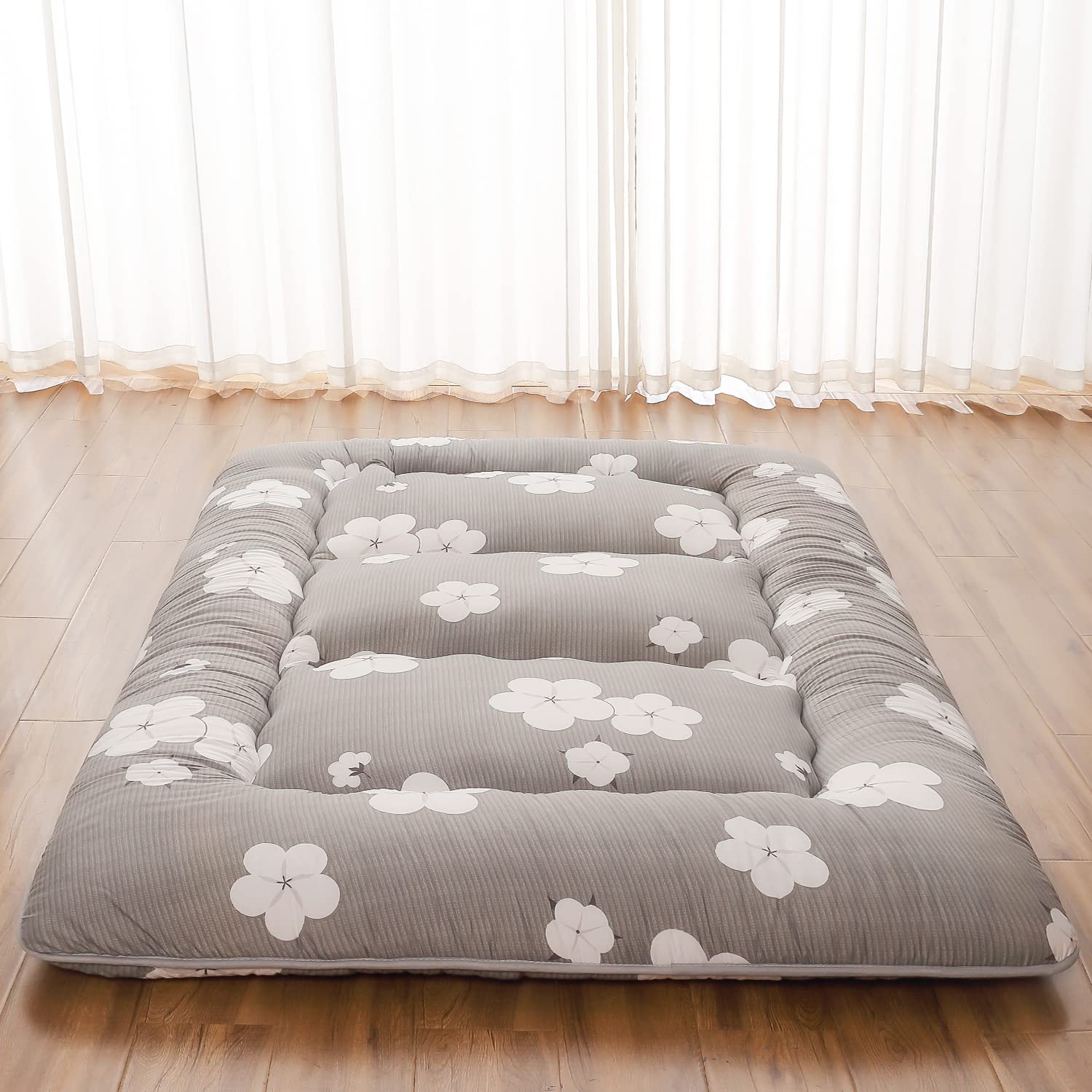 Zelladorra Japanese Floor Mattress, Futon Mattress with Portable Storage Bag and Washable Cover, Roll Up Thick Tatami Mat Suitable for Camping, Guest Room, Grey Cotton, Queen