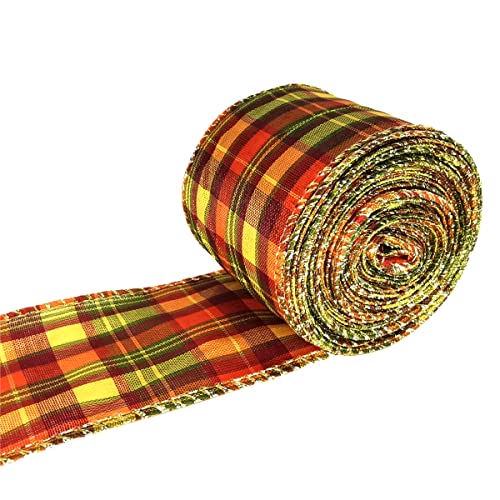 Wired Edge Autumn Buffalo Plaid Ribbon Fabric Burlap Ribbon for DIY Craft Wrapping Thanksgiving Decoration 6.56 Yard (Golden Edge Green Orange Yellow Plaid 5 cm)