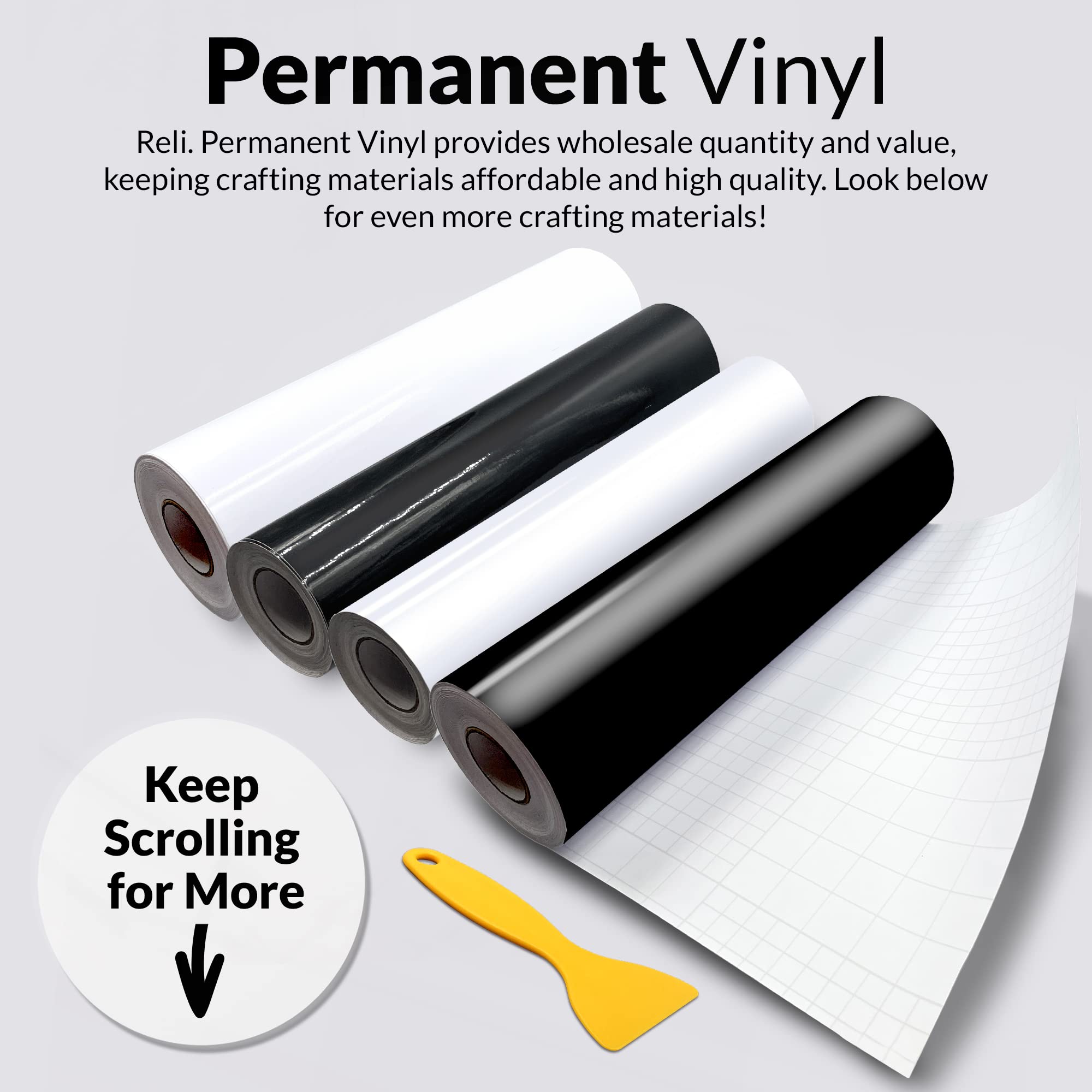 Reli. White Permanent Vinyl | 12" x 35 FT Roll (Glossy) | Scraper Tool Included | Adhesive Vinyl Compatible w/Cricut & Silhouette Cutting Machines | Vinyl Roll for Signs, Tumblers, Mugs, Cars & More