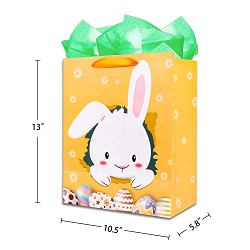 Hohomark Large Easter Gift Bag with Handles 5.8inchx10.5inchx13inch Easter Eggs Bunny Bags For Kids Presents Egg Hunts with Tissue Paper Spring Gift Bags for Easter Party Favor,Multi