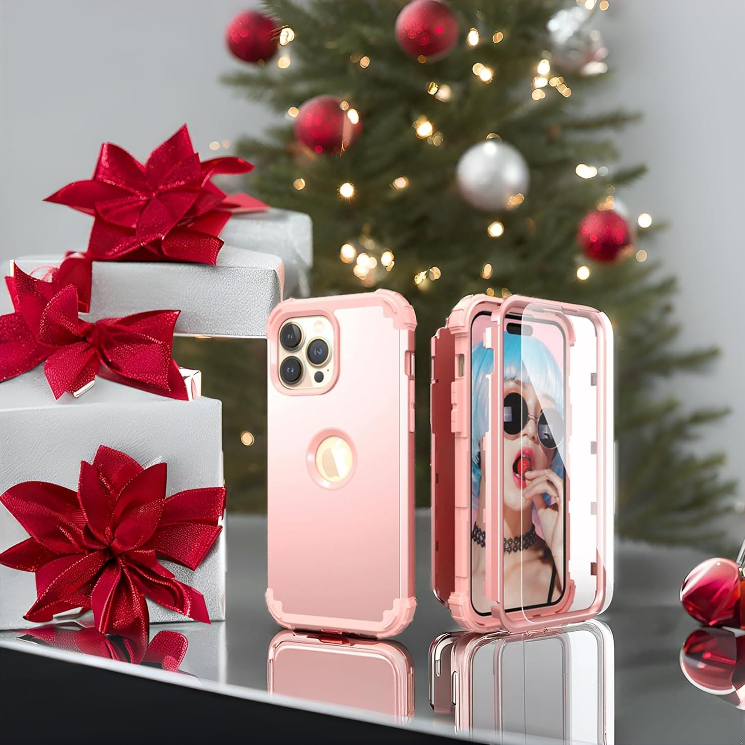 IDweel for iPhone 14 Pro Max Case,for iPhone 14 Pro Max with Screen Protector for Women, 3 in 1 Shockproof Slim Fit Hybrid Heavy Duty Hard PC Cover Soft Silicone Bumper Full Body Case,Rose Gold