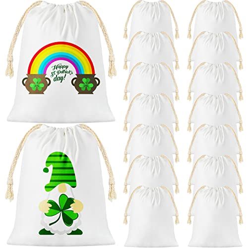 Sublimation Blank Drawstring Bags St. Patrick's Day Candy Gift Bags 4x6'' Goodie Treat Pouches Small Reusable Muslin Sachet Sack for Irish Day Kids Birthday Party Favor DIY Craft Supplies(16 Pieces)