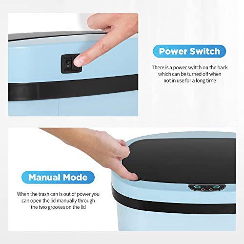 13 Gallon 50 Liter Garbage Can Kitchen Trash Can with Lid Automatic Sensor Touch Free Stainless Steel Waste Bin for Bathroom Bedroom Home Office (Blue)