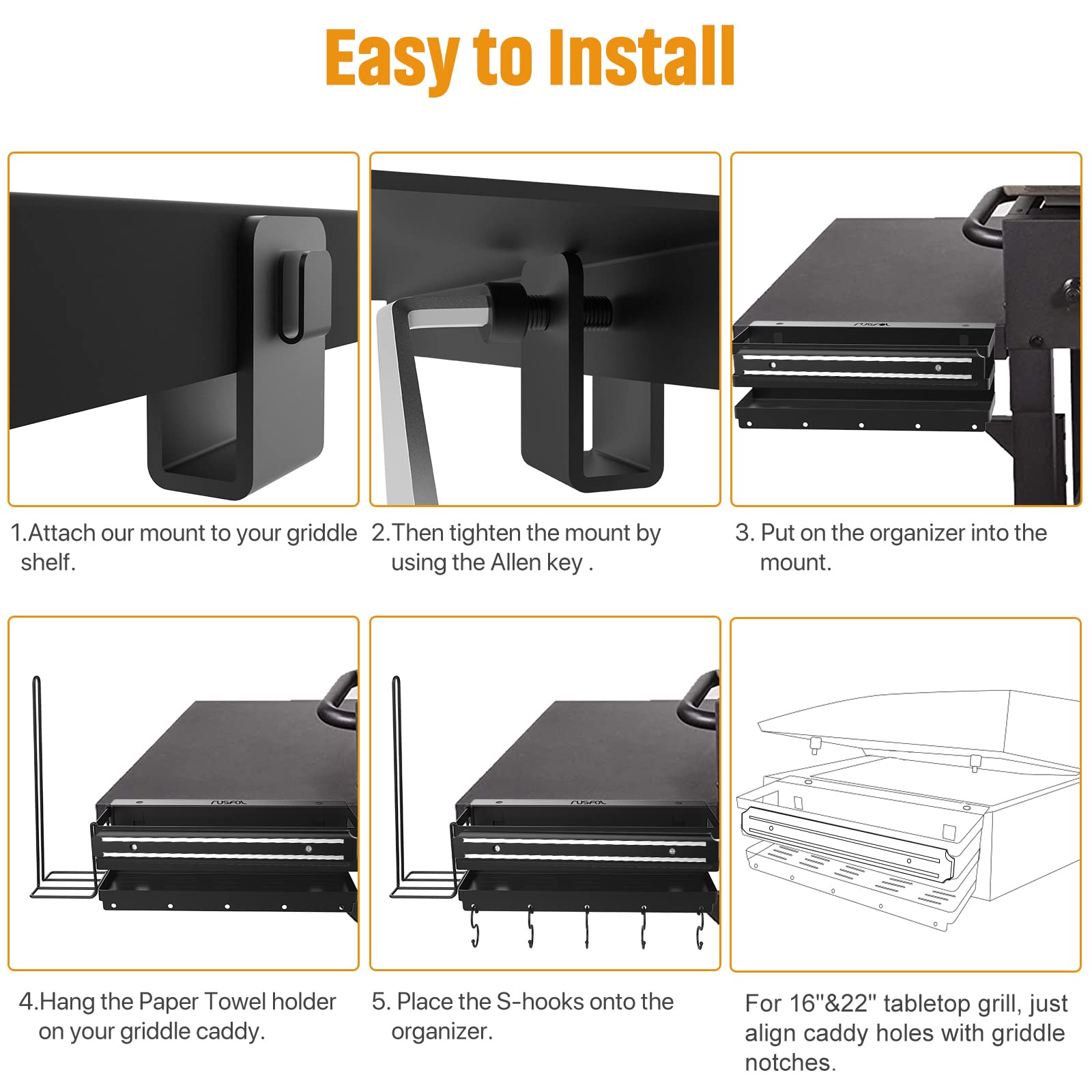 RUSFOL 3-in-1 Stainless Steel Griddle Caddy with Magnetic BBQ Utensil Strip and Paper Towel Holder for 28"/36" Blackstone Griddles,Space Saving BBQ Accessories Storage Box,Easy install&Free from Drill