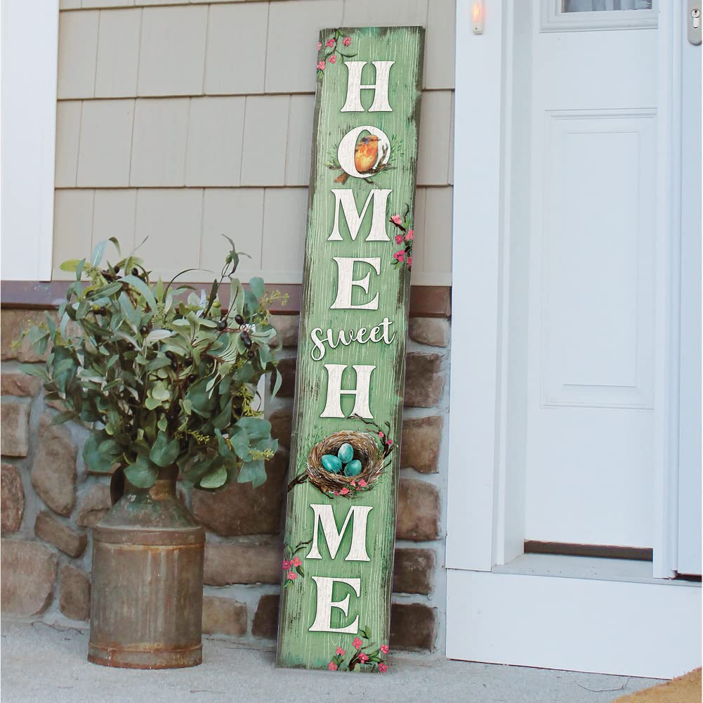 My Word! Home Sweet Home Robin & Nest Porch Board Welcome Sign and Porch Leaner for Front Door Porch Deck Patio or Wall Indoor Outdoor Spring & Summer Farmhouse Rustic Vertical Porch and Yard Decor – 8”x46.5”