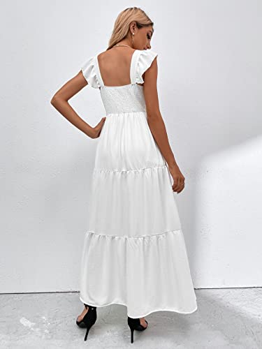 SOLY HUX Women's Summer Square Neck Sleeveless Shirred Ruffle Hem A Line Flowy Long Maxi Dress White L