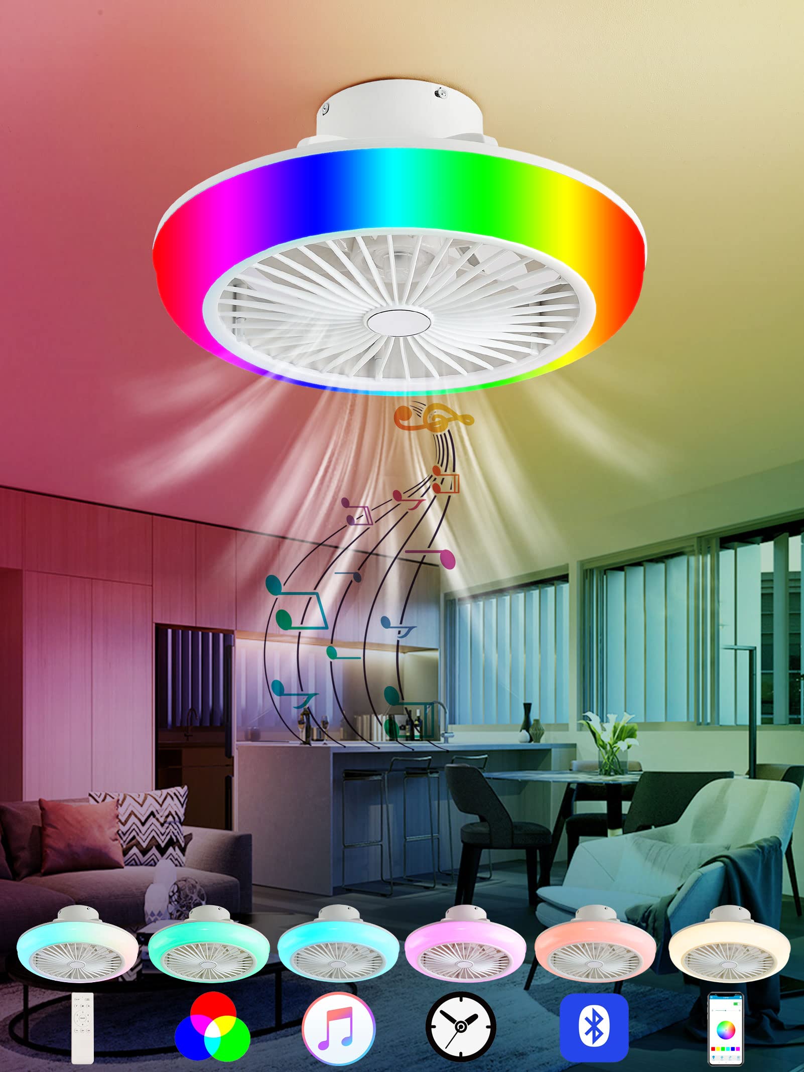 Bluetooth Ceiling Fan with Light and Speaker LED Color Enclosed Bladeless Low Profile Ceiling Fan With Light and Remote Control , Modern White Flush Mount RGB Ceiling Fan for Bedroom Dining Kids Room
