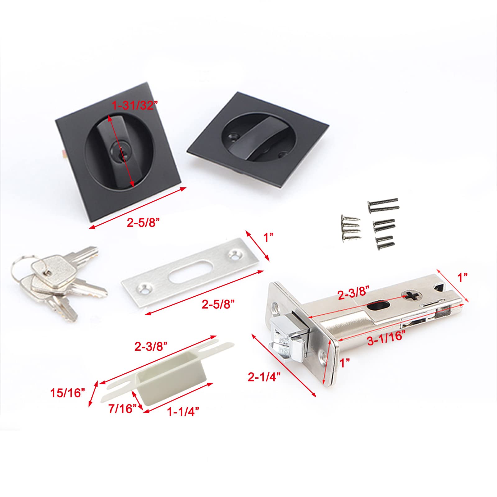 LWZH Matte Black Privacy Pocket Door Lock with Keys,Square Sliding Barn Door Lock Latch,Invisible Recessed Door Lock for 1 3/8” to 2 3/16” Thickness Door