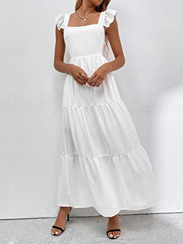 SOLY HUX Women's Summer Square Neck Sleeveless Shirred Ruffle Hem A Line Flowy Long Maxi Dress White L