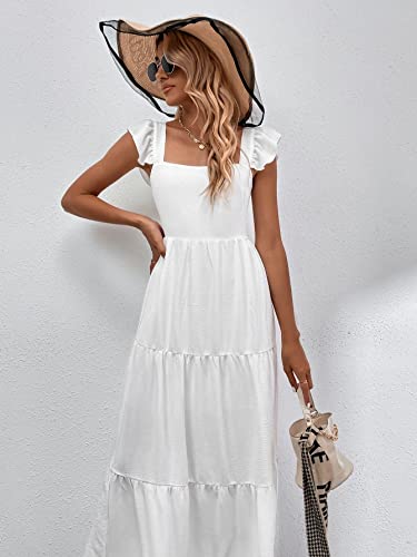 SOLY HUX Women's Summer Square Neck Sleeveless Shirred Ruffle Hem A Line Flowy Long Maxi Dress White L