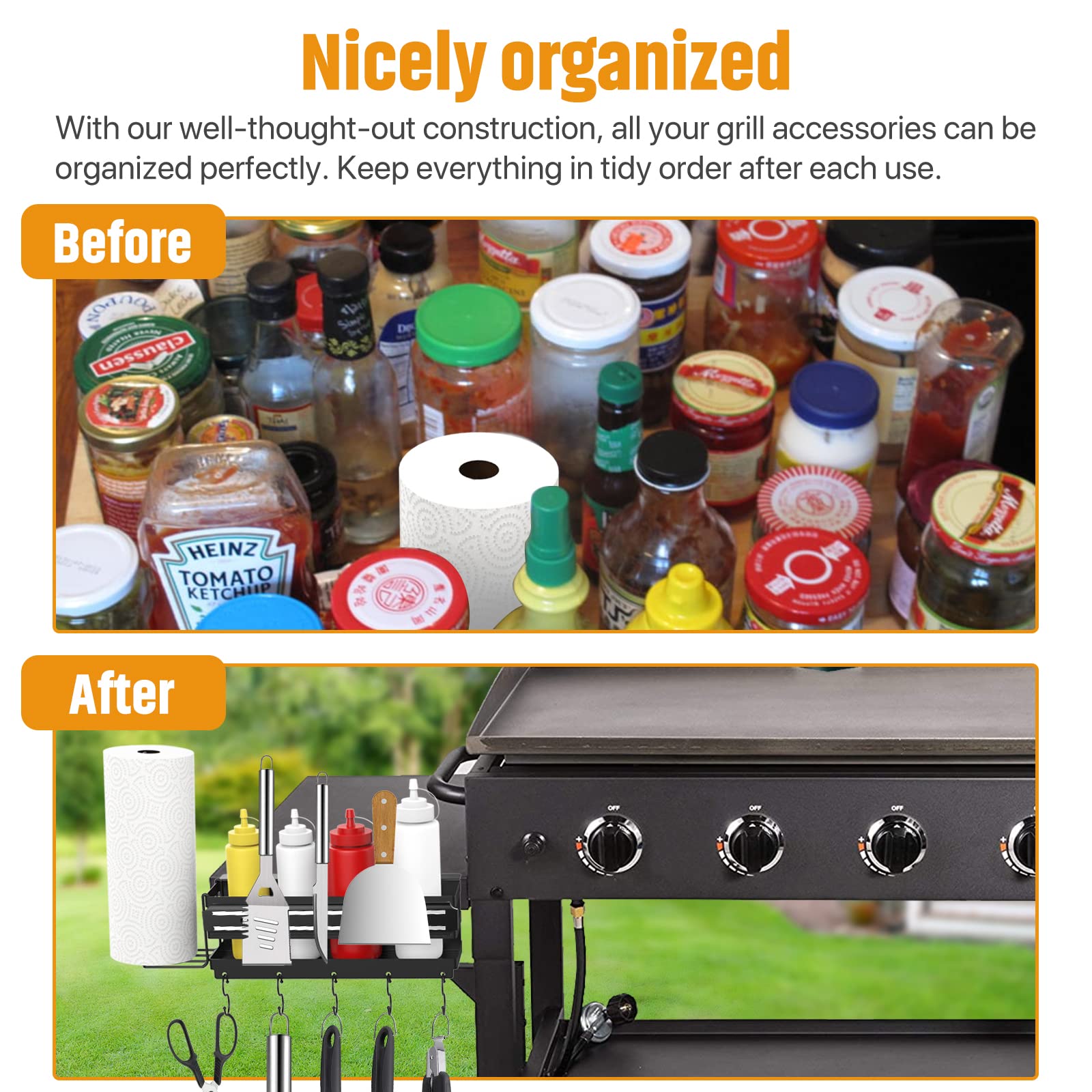 RUSFOL 3-in-1 Stainless Steel Griddle Caddy with Magnetic BBQ Utensil Strip and Paper Towel Holder for 28"/36" Blackstone Griddles,Space Saving BBQ Accessories Storage Box,Easy install&Free from Drill