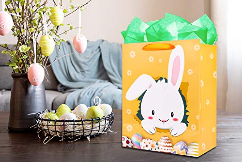 Hohomark Large Easter Gift Bag with Handles 5.8inchx10.5inchx13inch Easter Eggs Bunny Bags For Kids Presents Egg Hunts with Tissue Paper Spring Gift Bags for Easter Party Favor,Multi