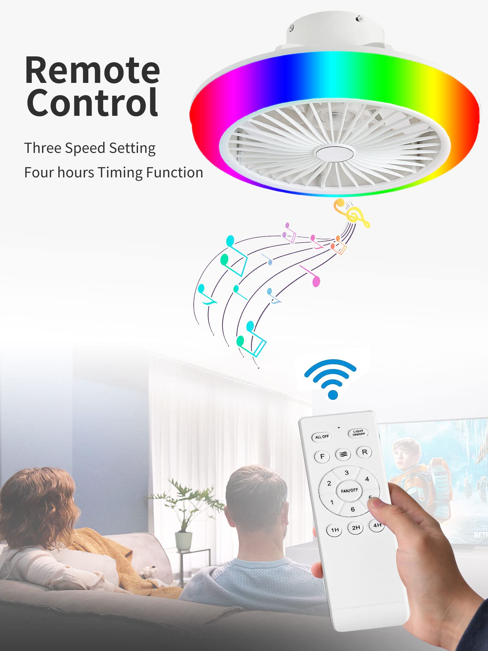 Bluetooth Ceiling Fan with Light and Speaker LED Color Enclosed Bladeless Low Profile Ceiling Fan With Light and Remote Control , Modern White Flush Mount RGB Ceiling Fan for Bedroom Dining Kids Room