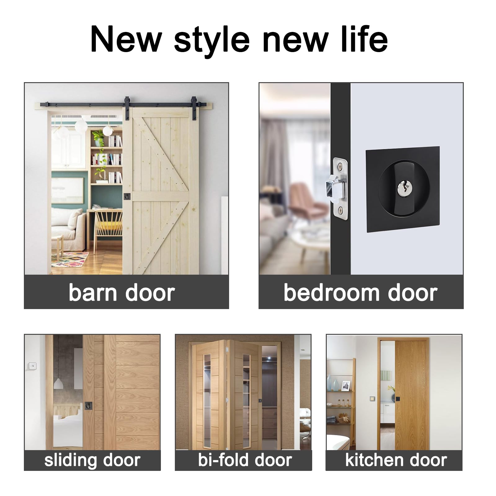 LWZH Matte Black Privacy Pocket Door Lock with Keys,Square Sliding Barn Door Lock Latch,Invisible Recessed Door Lock for 1 3/8” to 2 3/16” Thickness Door