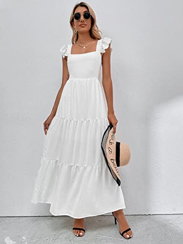 SOLY HUX Women's Summer Square Neck Sleeveless Shirred Ruffle Hem A Line Flowy Long Maxi Dress White L