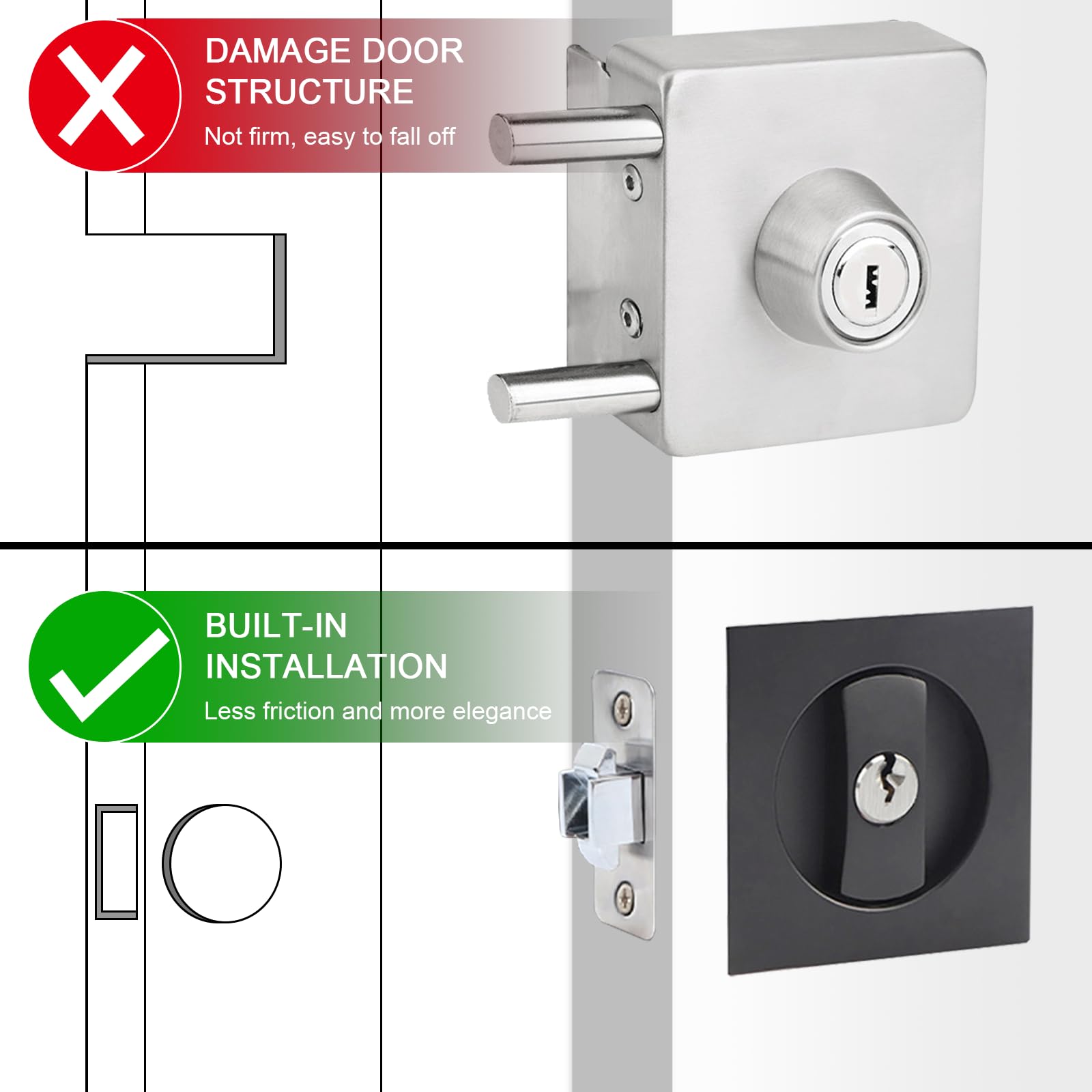 LWZH Matte Black Privacy Pocket Door Lock with Keys,Square Sliding Barn Door Lock Latch,Invisible Recessed Door Lock for 1 3/8” to 2 3/16” Thickness Door