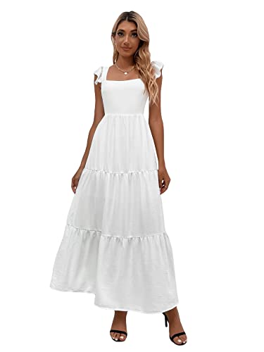 SOLY HUX Women's Summer Square Neck Sleeveless Shirred Ruffle Hem A Line Flowy Long Maxi Dress White L