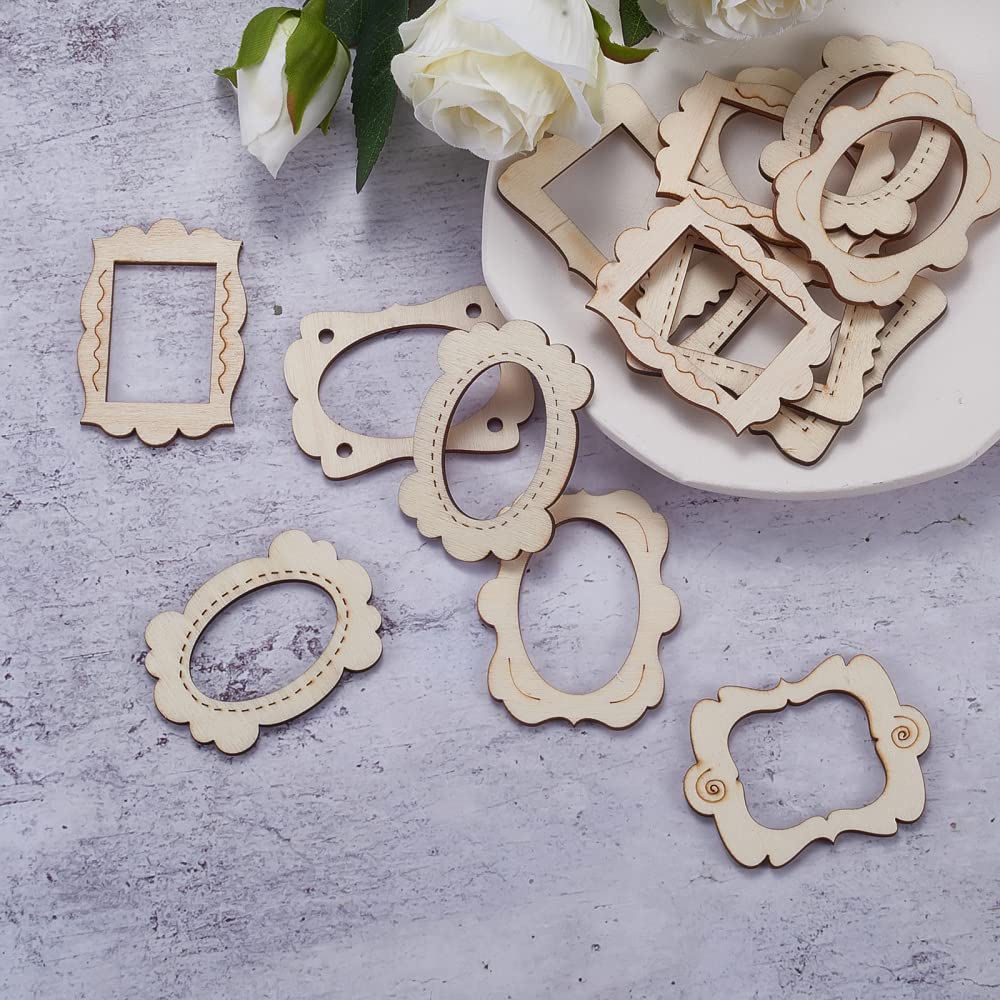 LiQunSweet 50 Pcs Photo Picture Frame Unfinished Cutout Wood Piece Ornament for Decoration Crafts DIY Painting Project Display Holds