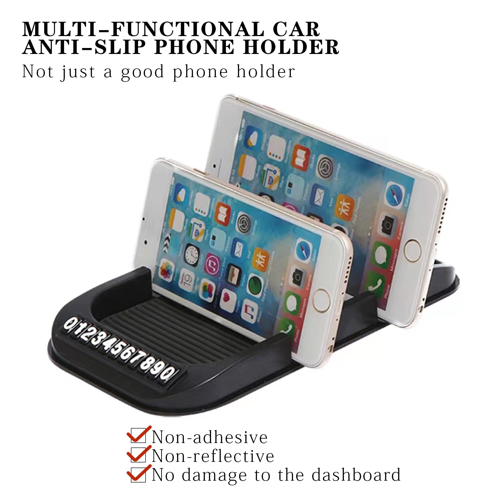 Car Dashboard Cell Phone Holder Anti-Slip Pad Double-Groove with Number Plate Auto Silicon Tray, Car Dashboard Accessories for Phone GPS Keychains Sunglasses Mat