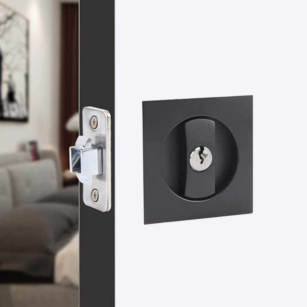 LWZH Matte Black Privacy Pocket Door Lock with Keys,Square Sliding Barn Door Lock Latch,Invisible Recessed Door Lock for 1 3/8” to 2 3/16” Thickness Door