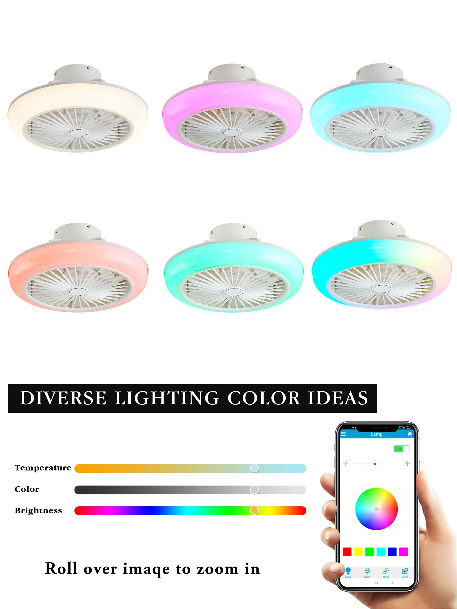 Bluetooth Ceiling Fan with Light and Speaker LED Color Enclosed Bladeless Low Profile Ceiling Fan With Light and Remote Control , Modern White Flush Mount RGB Ceiling Fan for Bedroom Dining Kids Room