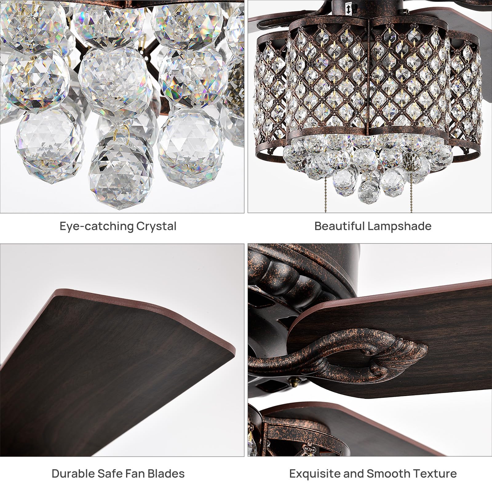 Neatmeat Crystal Ceiling Fans with Lights 52'' Chandelier Ceiling Fan with Pull Chain Control Flush Mount Vintage Bronze Ceiling Fan with 5 Reverse Wood Blades for Bedroom Living Room Dining Room