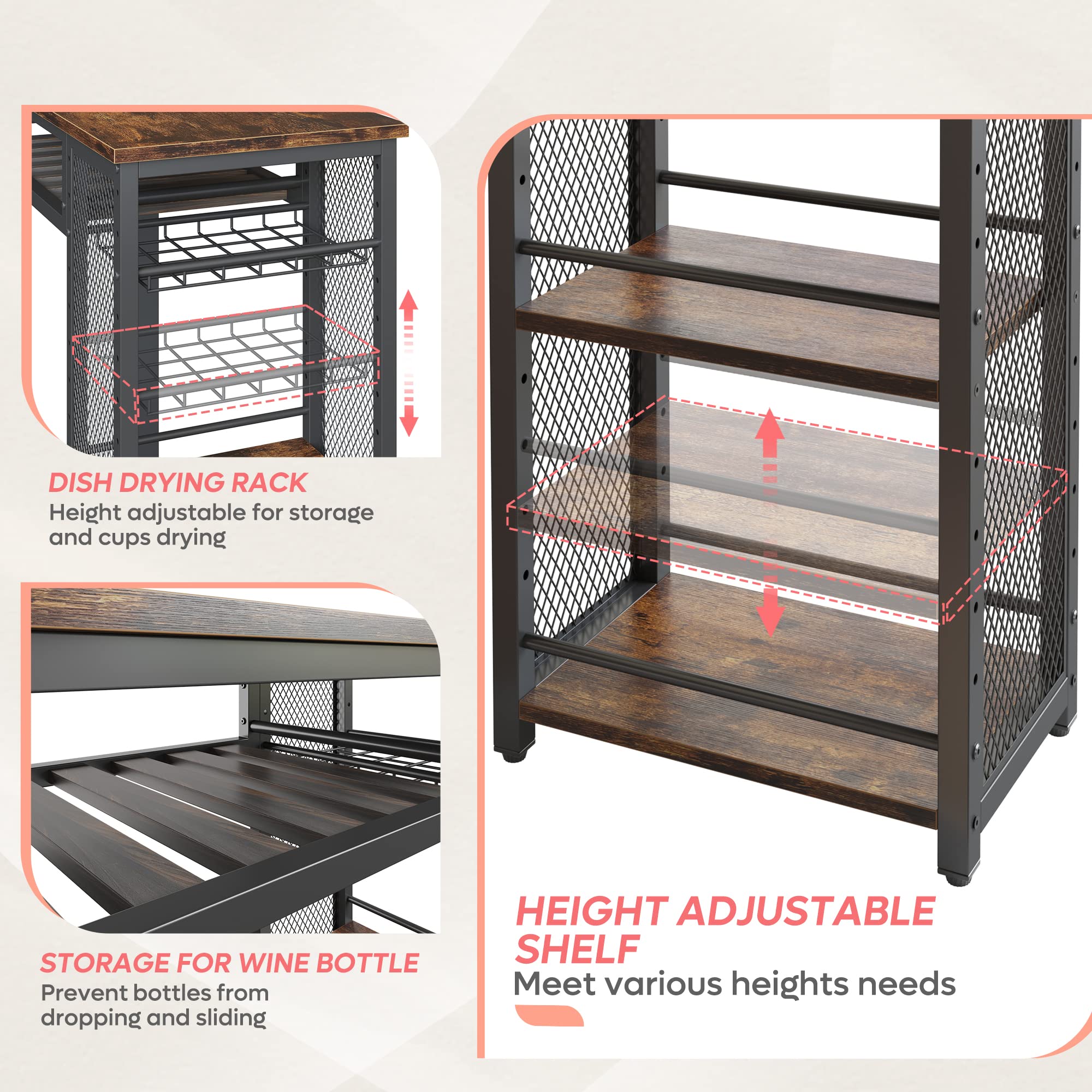 Bestier Bar Table and Chair Set, Expandable Dining Table with 2 Bar Stools, Industrial Kitchen Counter with Wine Rack & 3 Tier Adjustable Storage Shelves Rustic Brown
