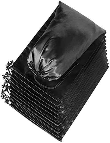 Satin Bags with Drawstring and Toggle - Cinch and Ditty Pouch for Travel, Bedroom and Wardrobe (10 x 15 inch - 12 pack, Black)