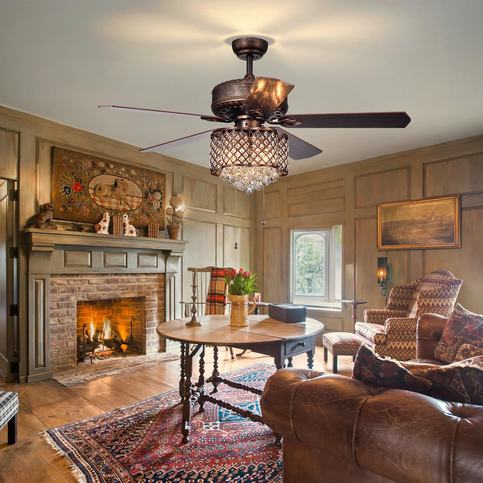 Neatmeat Crystal Ceiling Fans with Lights 52'' Chandelier Ceiling Fan with Pull Chain Control Flush Mount Vintage Bronze Ceiling Fan with 5 Reverse Wood Blades for Bedroom Living Room Dining Room
