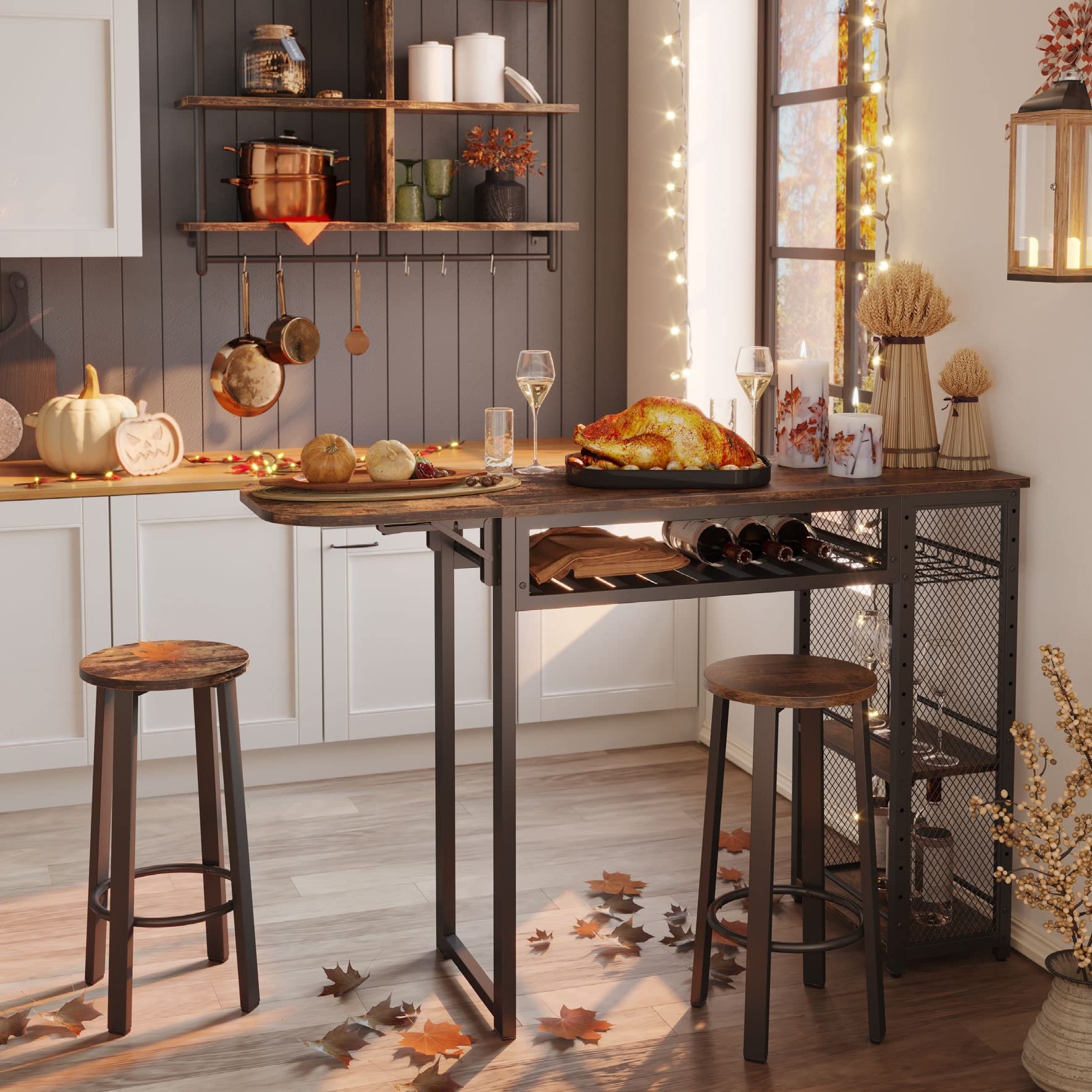 Bestier Bar Table and Chair Set, Expandable Dining Table with 2 Bar Stools, Industrial Kitchen Counter with Wine Rack & 3 Tier Adjustable Storage Shelves Rustic Brown