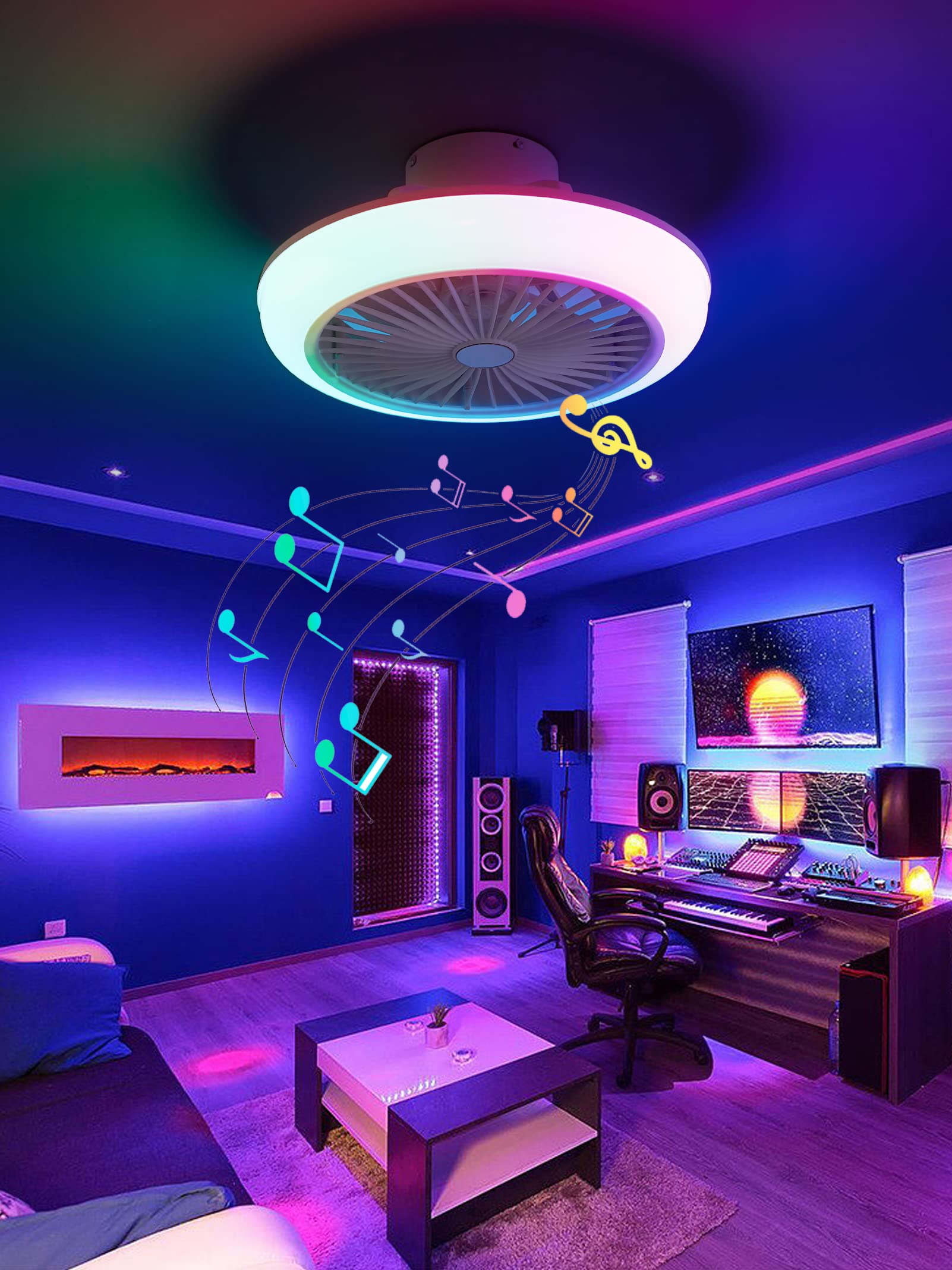 Bluetooth Ceiling Fan with Light and Speaker LED Color Enclosed Bladeless Low Profile Ceiling Fan With Light and Remote Control , Modern White Flush Mount RGB Ceiling Fan for Bedroom Dining Kids Room