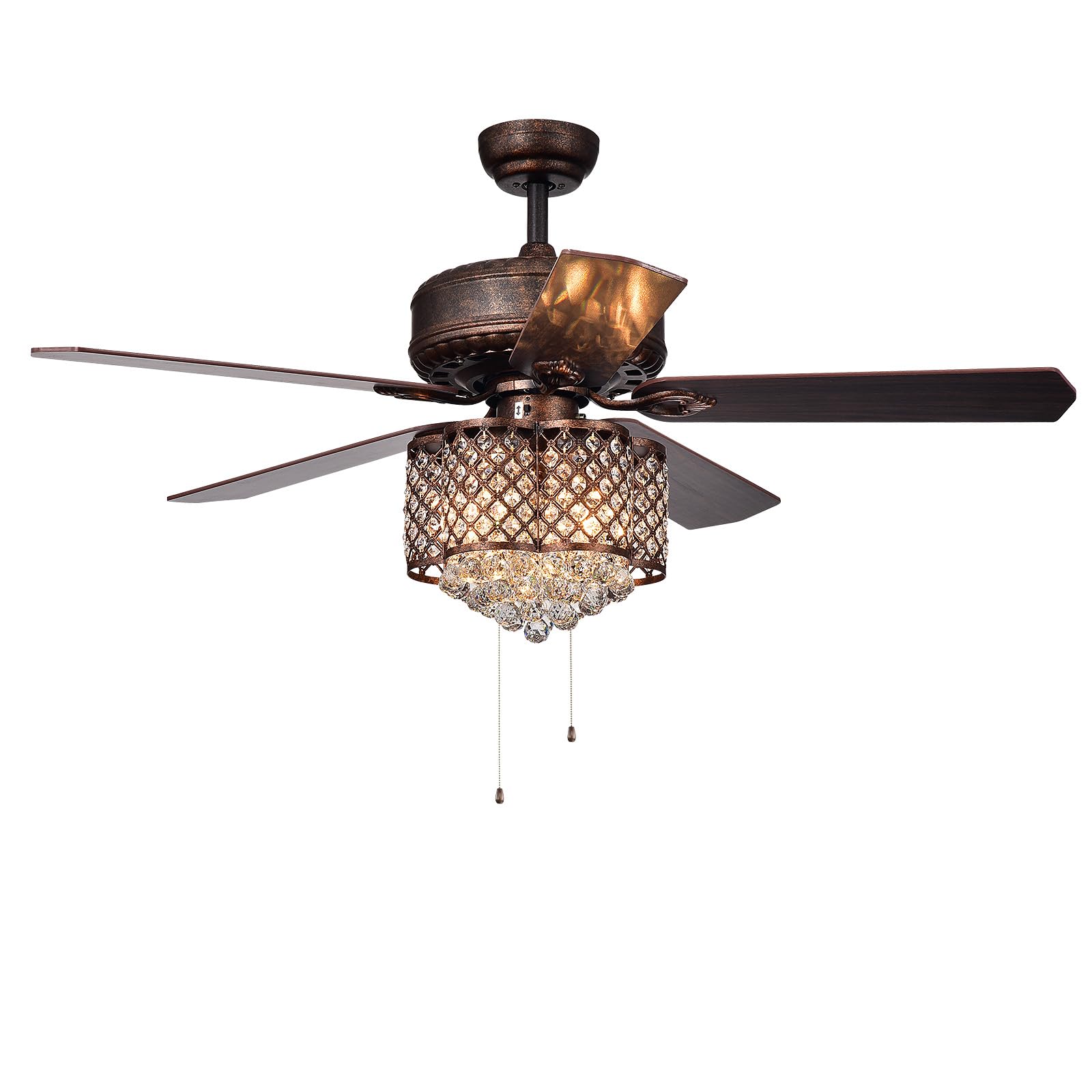 Neatmeat Crystal Ceiling Fans with Lights 52'' Chandelier Ceiling Fan with Pull Chain Control Flush Mount Vintage Bronze Ceiling Fan with 5 Reverse Wood Blades for Bedroom Living Room Dining Room