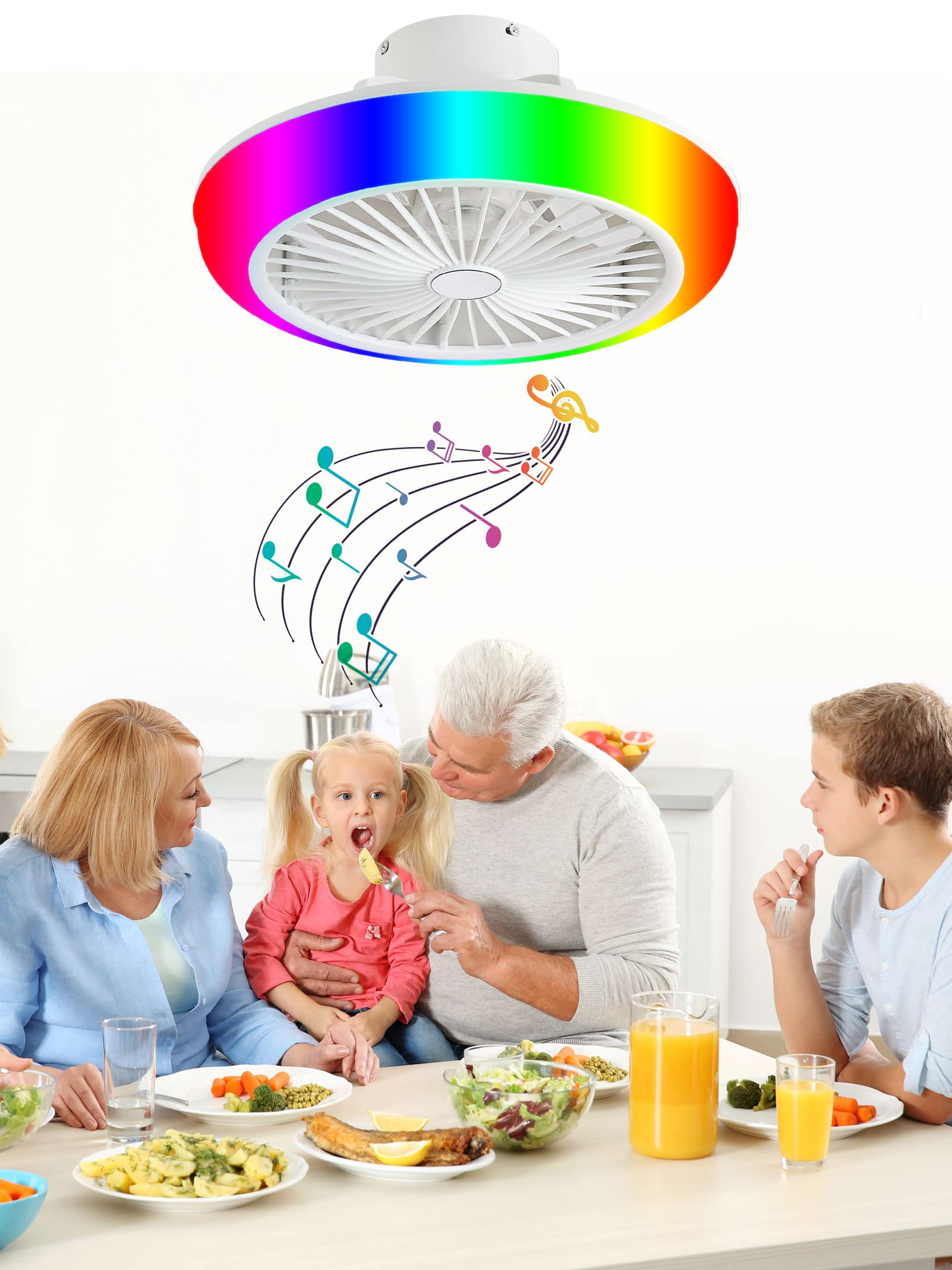 Bluetooth Ceiling Fan with Light and Speaker LED Color Enclosed Bladeless Low Profile Ceiling Fan With Light and Remote Control , Modern White Flush Mount RGB Ceiling Fan for Bedroom Dining Kids Room