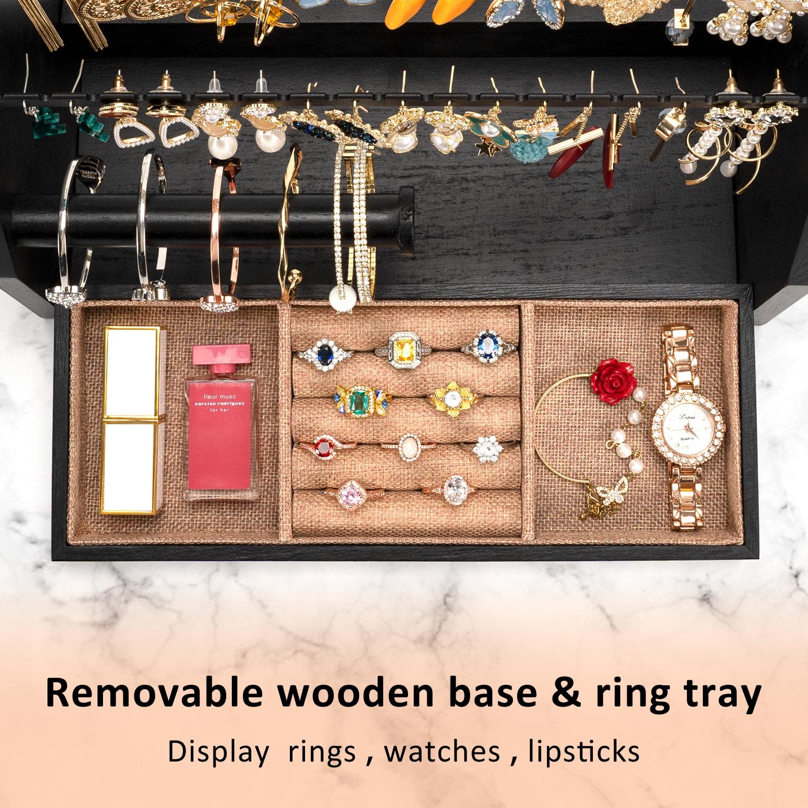 DGWJSU Earring Organizer, 5 Layer Earring Holder Organizer with Necklace Holder, Rustic Wood Jewelry Organizer Stand Display for Stud Earring Bracelet Necklace Ring, Watches