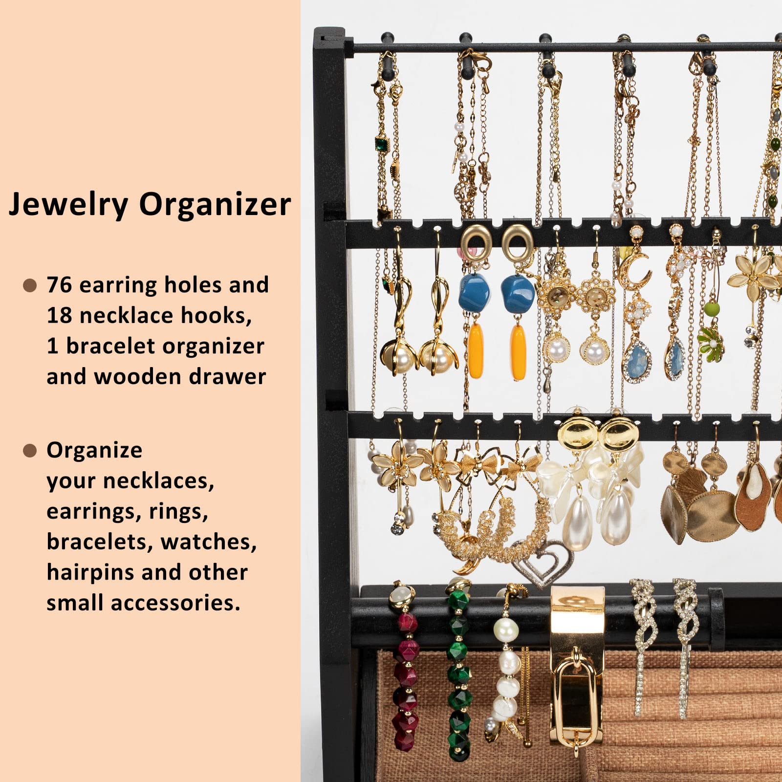 DGWJSU Earring Organizer, 5 Layer Earring Holder Organizer with Necklace Holder, Rustic Wood Jewelry Organizer Stand Display for Stud Earring Bracelet Necklace Ring, Watches