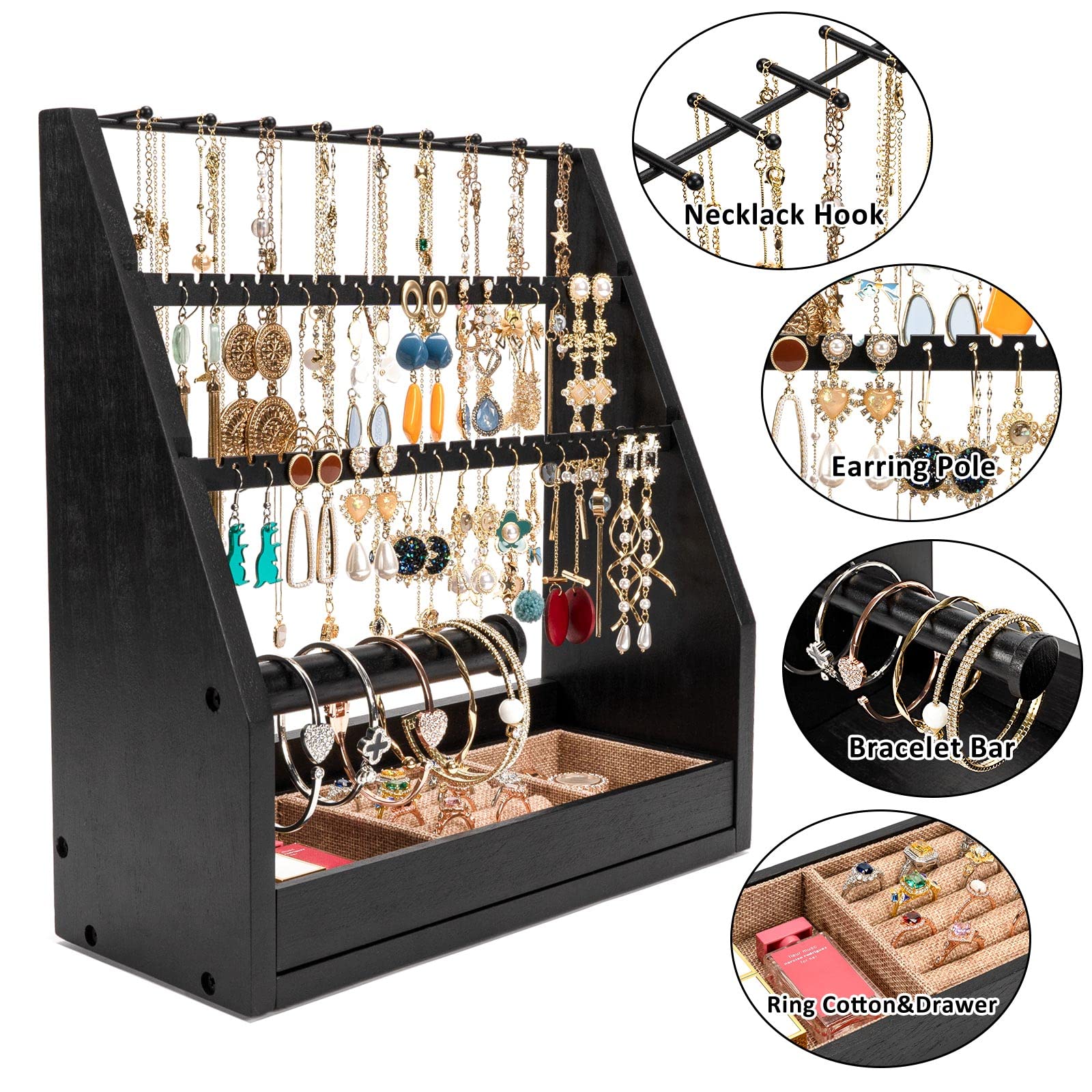 DGWJSU Earring Organizer, 5 Layer Earring Holder Organizer with Necklace Holder, Rustic Wood Jewelry Organizer Stand Display for Stud Earring Bracelet Necklace Ring, Watches
