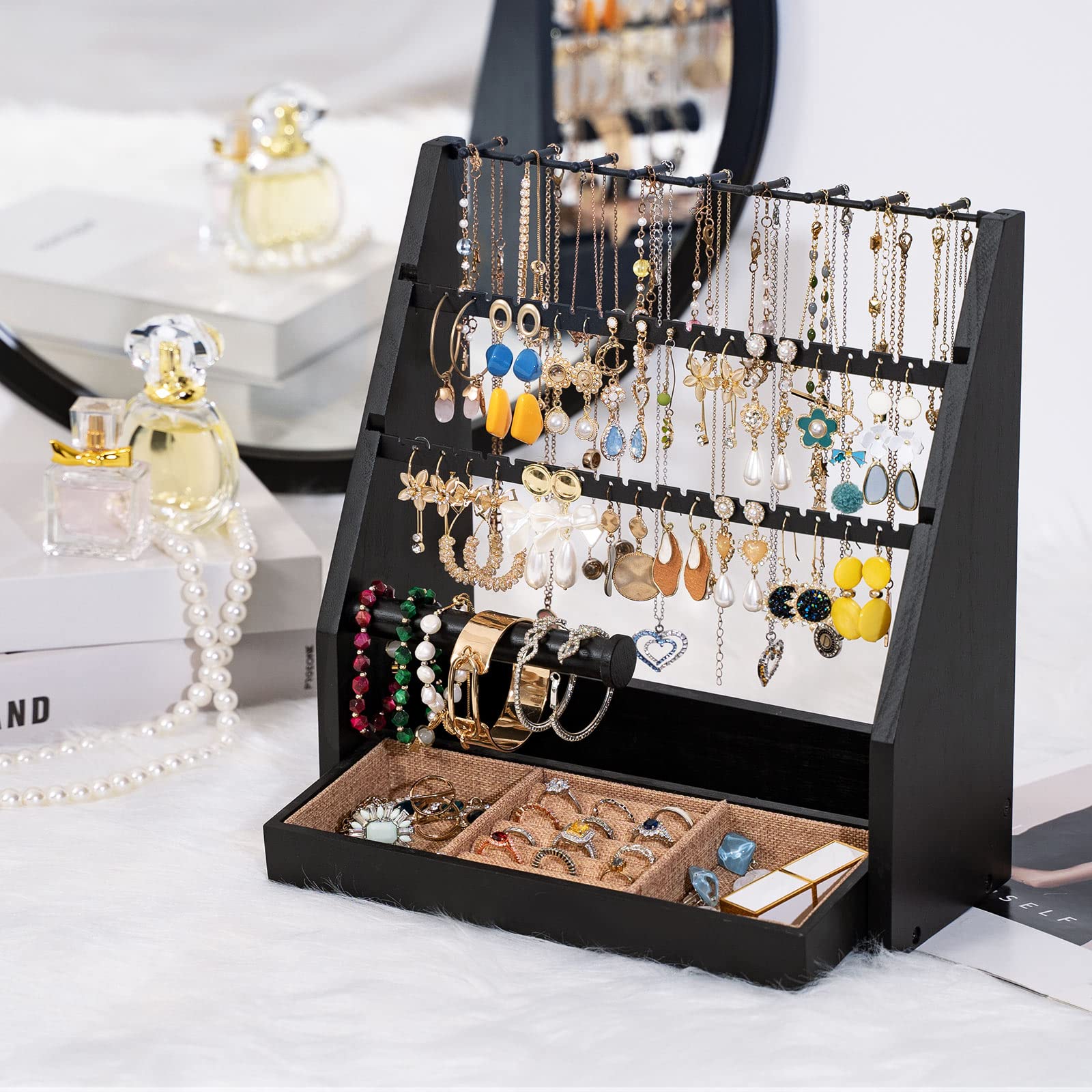 DGWJSU Earring Organizer, 5 Layer Earring Holder Organizer with Necklace Holder, Rustic Wood Jewelry Organizer Stand Display for Stud Earring Bracelet Necklace Ring, Watches